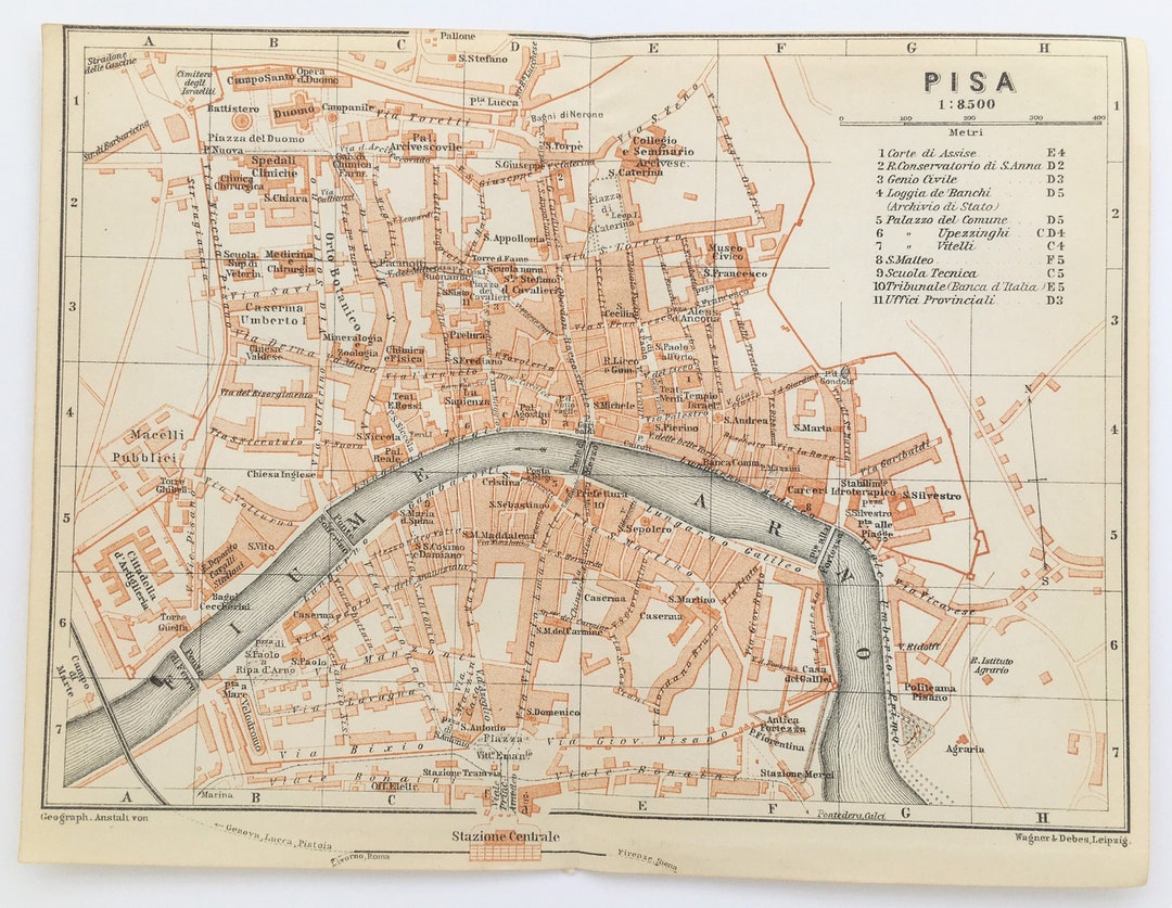 PISA City Street Plan, Italy, 1926 Small Antique Colour Map - Etsy