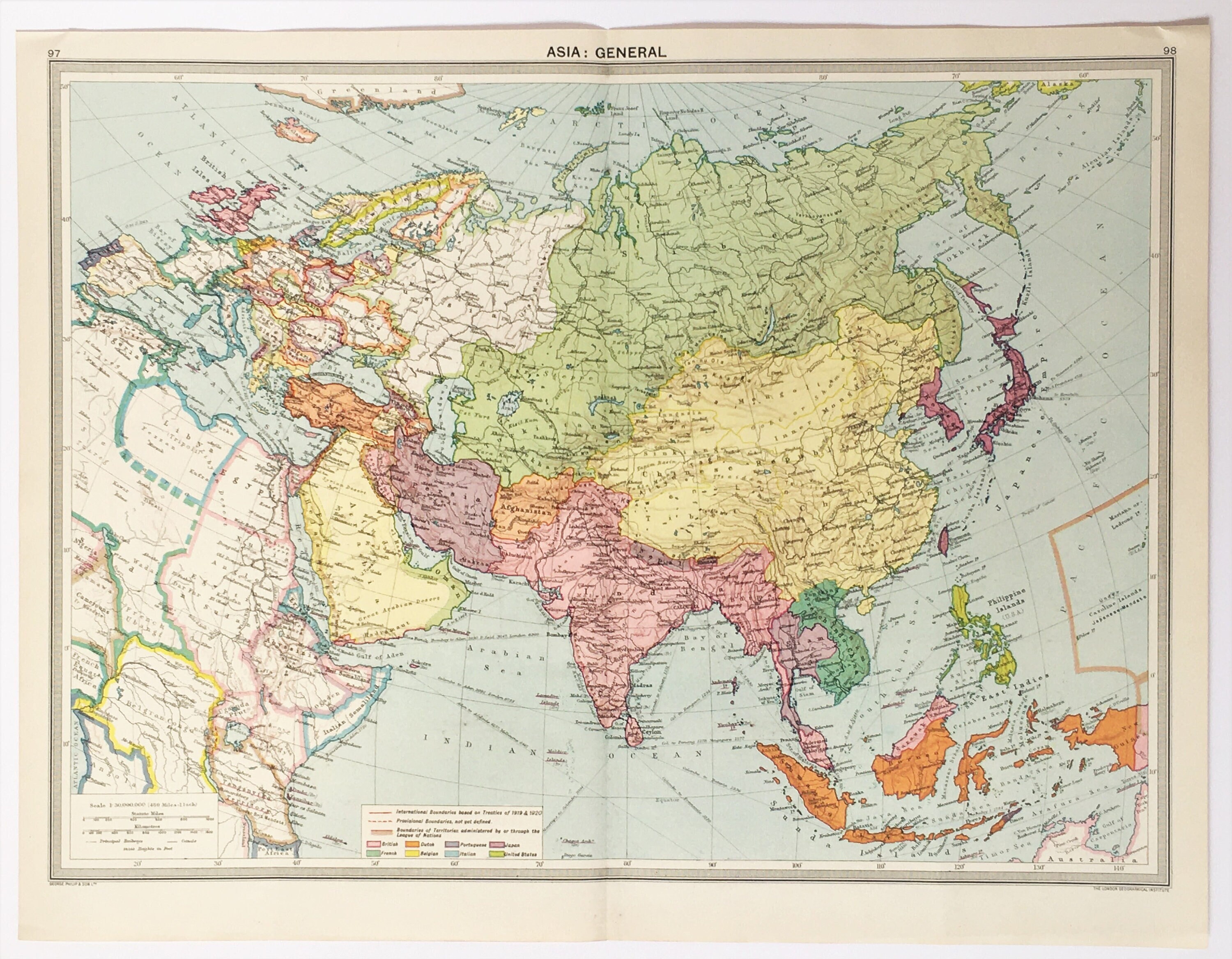 CONTINENTAL ASIA 1930 Vintage Map, Russia, Siberia, China, India ...