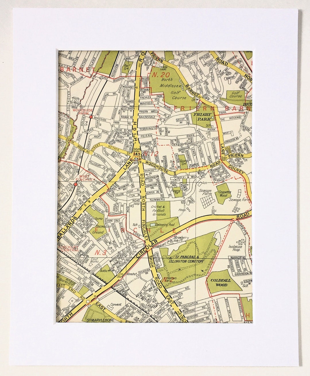 C. 1960 VINTAGE LONDON MAP, North London, Friern Barnet, Finchley ...
