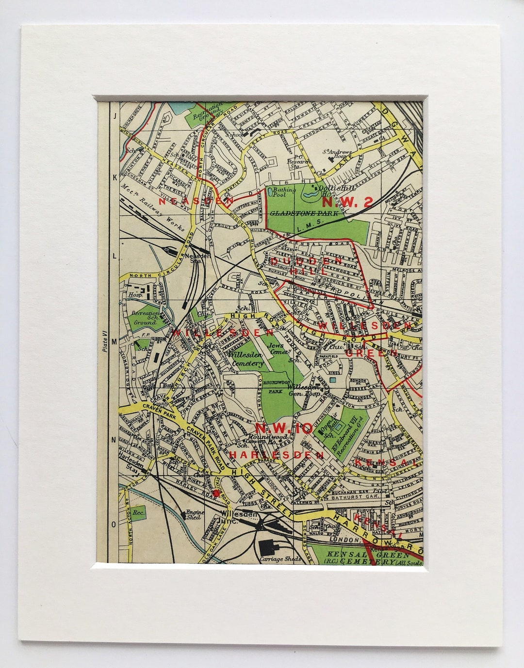 1930s VINTAGE LONDON MAP, North West London, Willesden, Harlesden ...