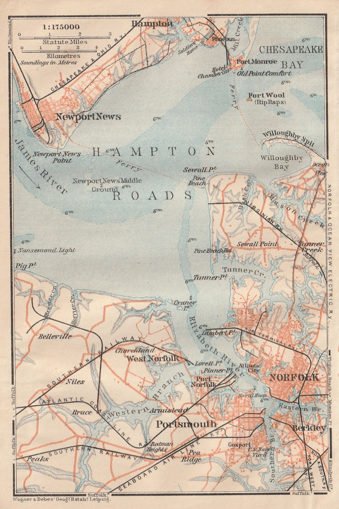 HAMPTON ROADS, VIRGINIA, 1909 Very Small Antique Colour Map, United ...