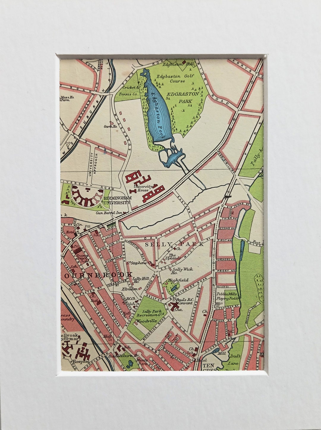 1952 VINTAGE BIRMINGHAM MAP, Birmingham, Edgbaston, Bournbrook, Selly ...