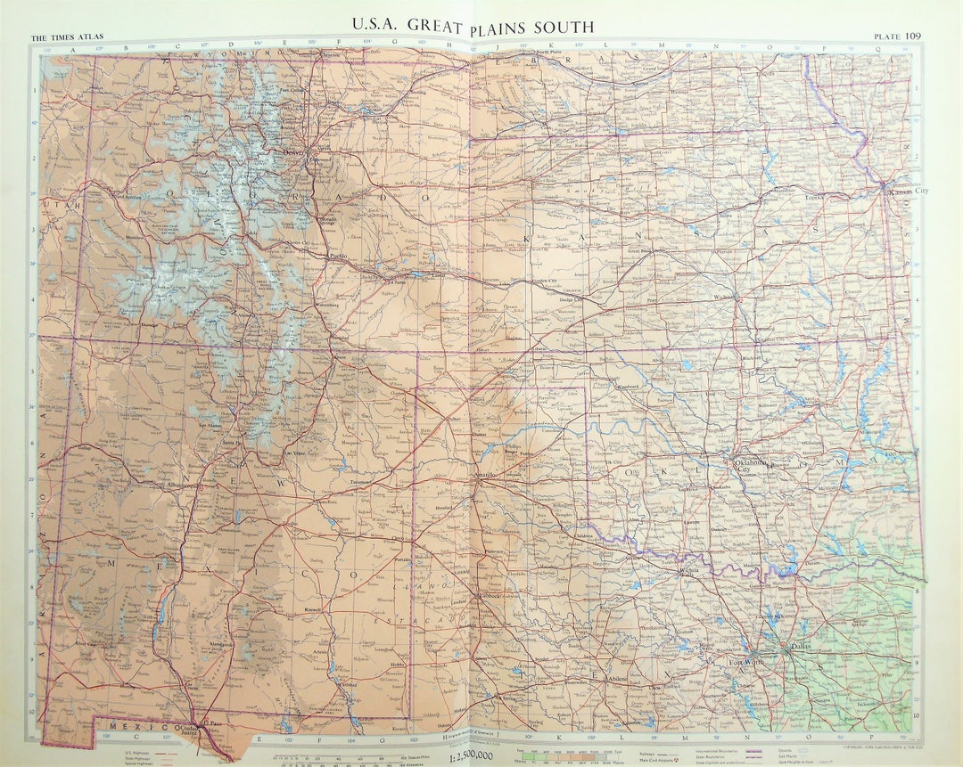 Vintage Map of USA, Southern Mid West States, Great Plains, 1950s Cold ...