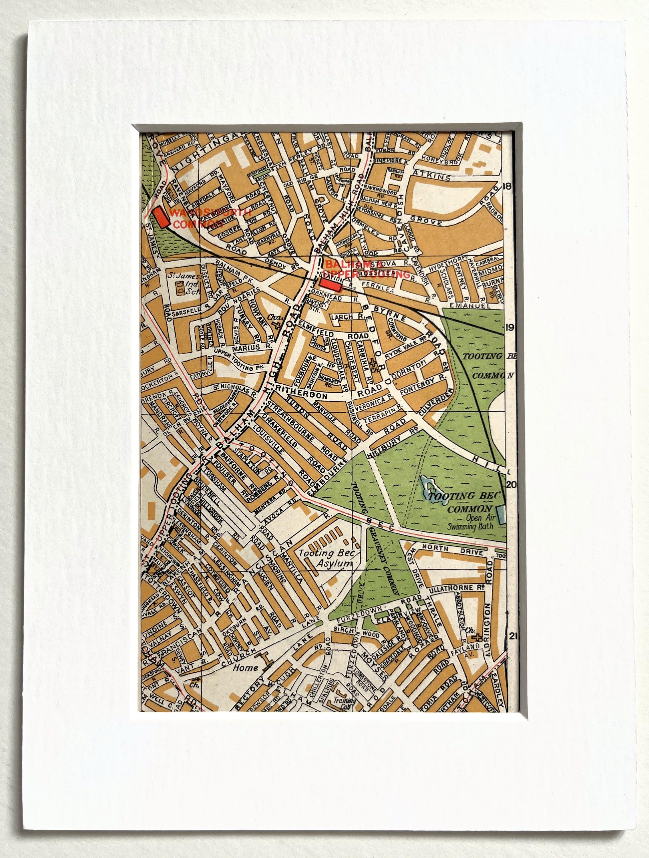 1930s VINTAGE LONDON MAP, South London, Wandsworth, Tooting, Balham ...