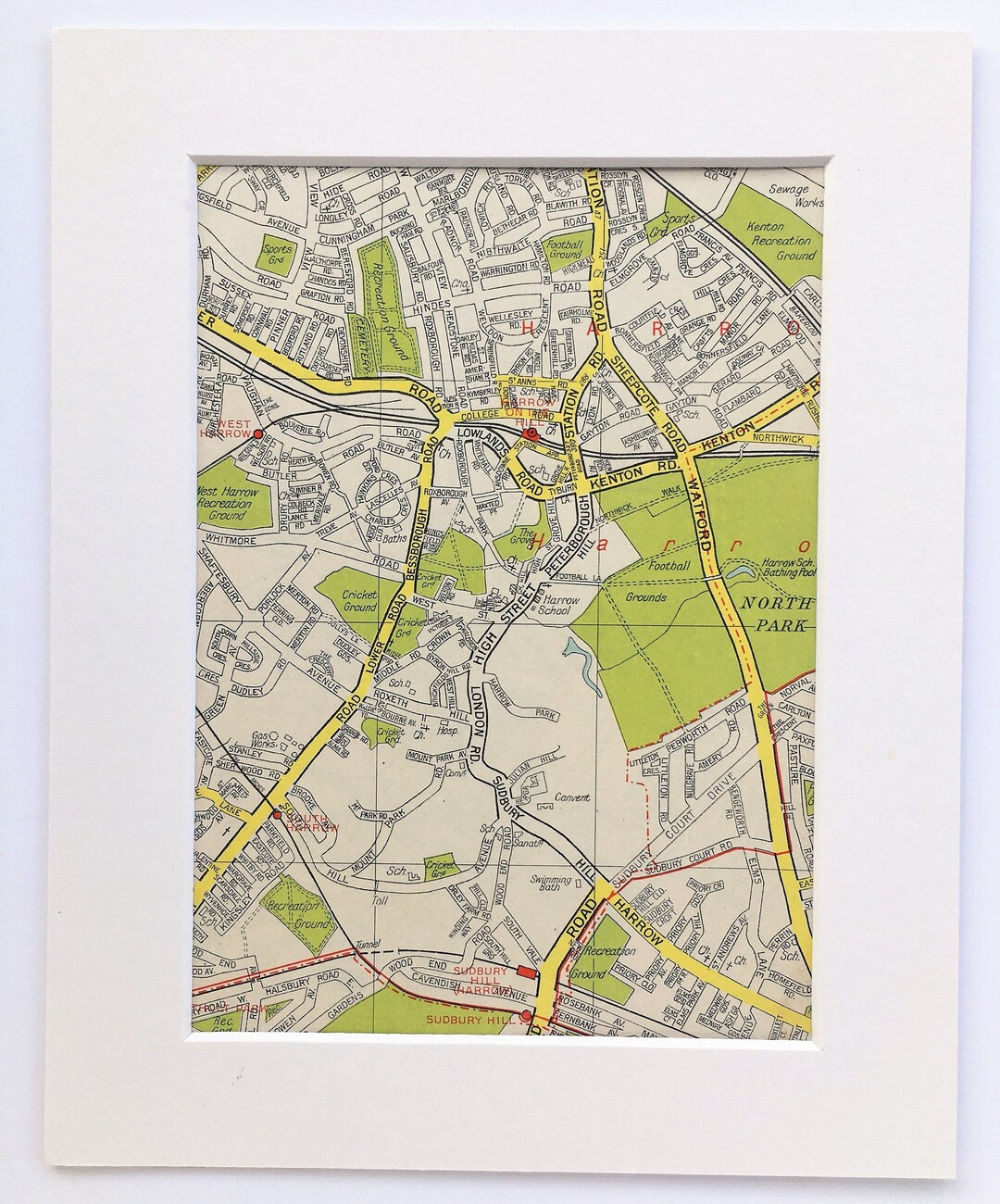 C. 1960 VINTAGE LONDON MAP, North West London, Harrow, Sudbury, Matted ...