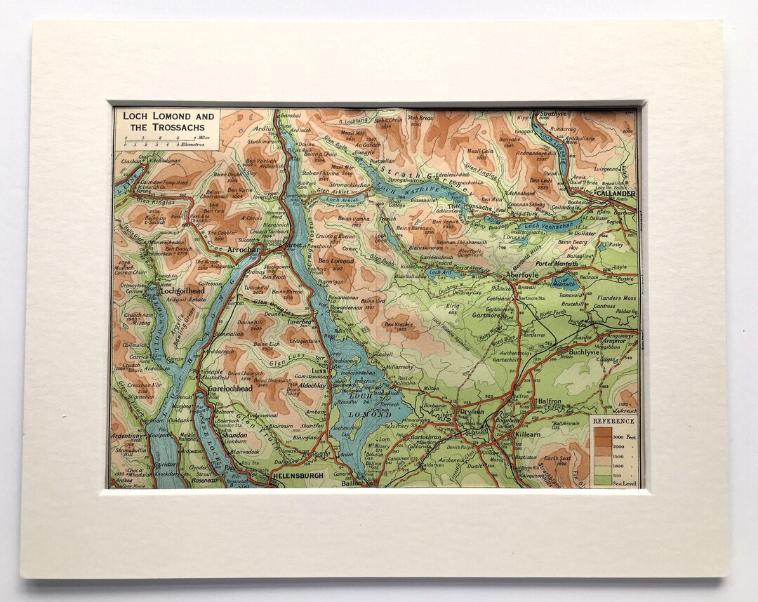 LOCH LOMOND, TROSSACHS 1930 Vintage Map, Matted/ Mounted for Framing ...