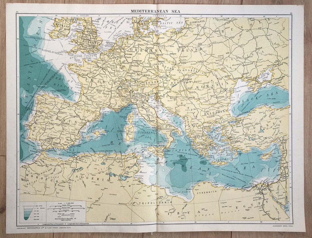 MEDITERRANEAN SEA, Trade Routes & Shipping Huge Antique Map, C. 1920 ...
