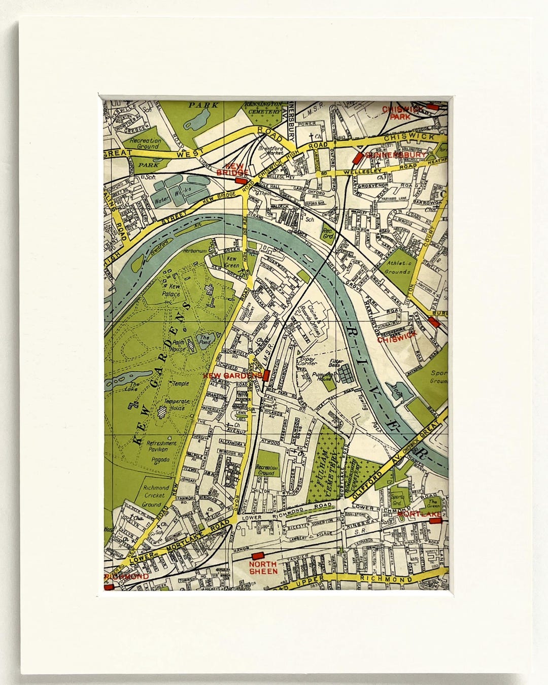 1940s VINTAGE LONDON MAP, South West London, Kew Gardens, Chiswick ...
