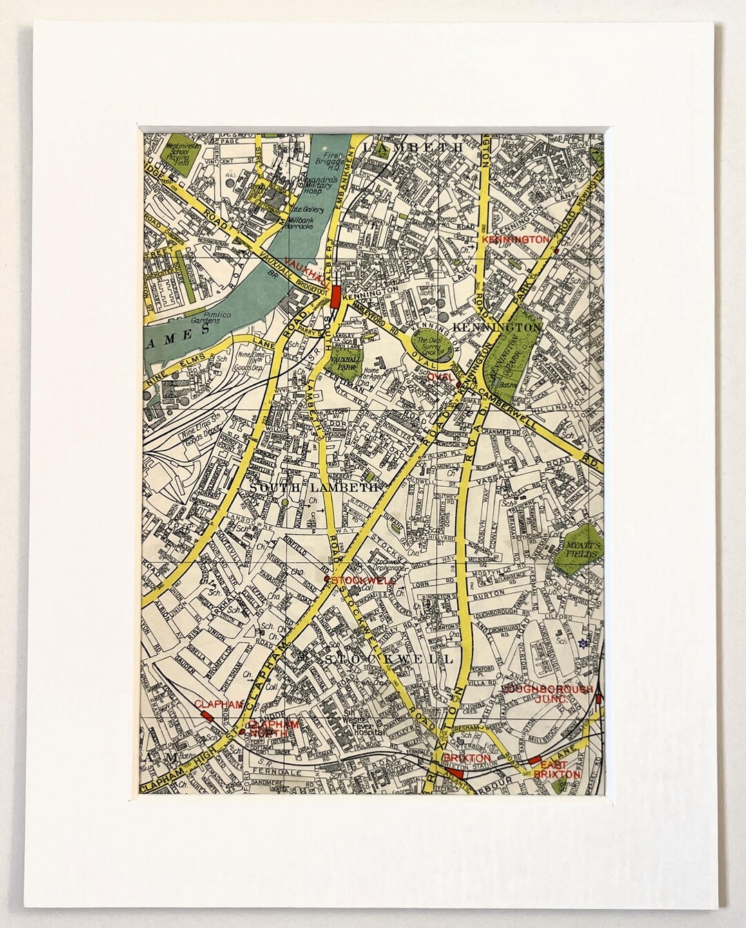 1940s VINTAGE LONDON MAP, South London, Lambeth, Kennington, Stockwell ...