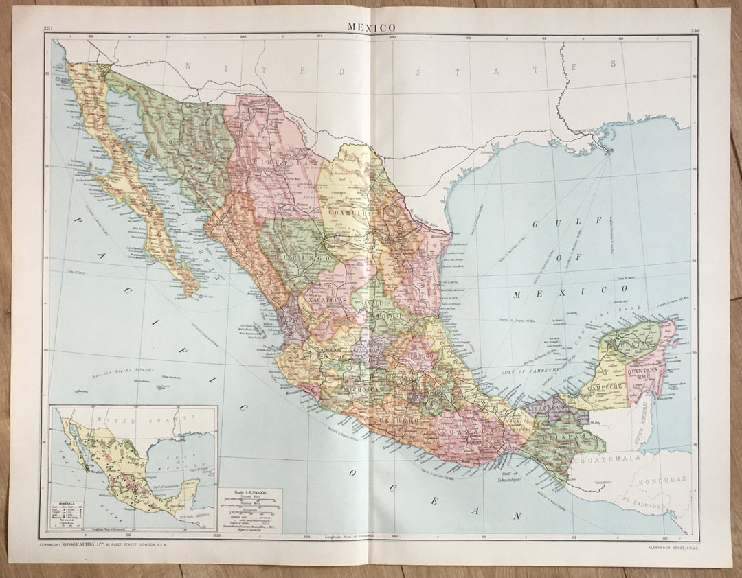 MEXICO Huge Antique Map, C. 1920. Lovely Colours - Etsy