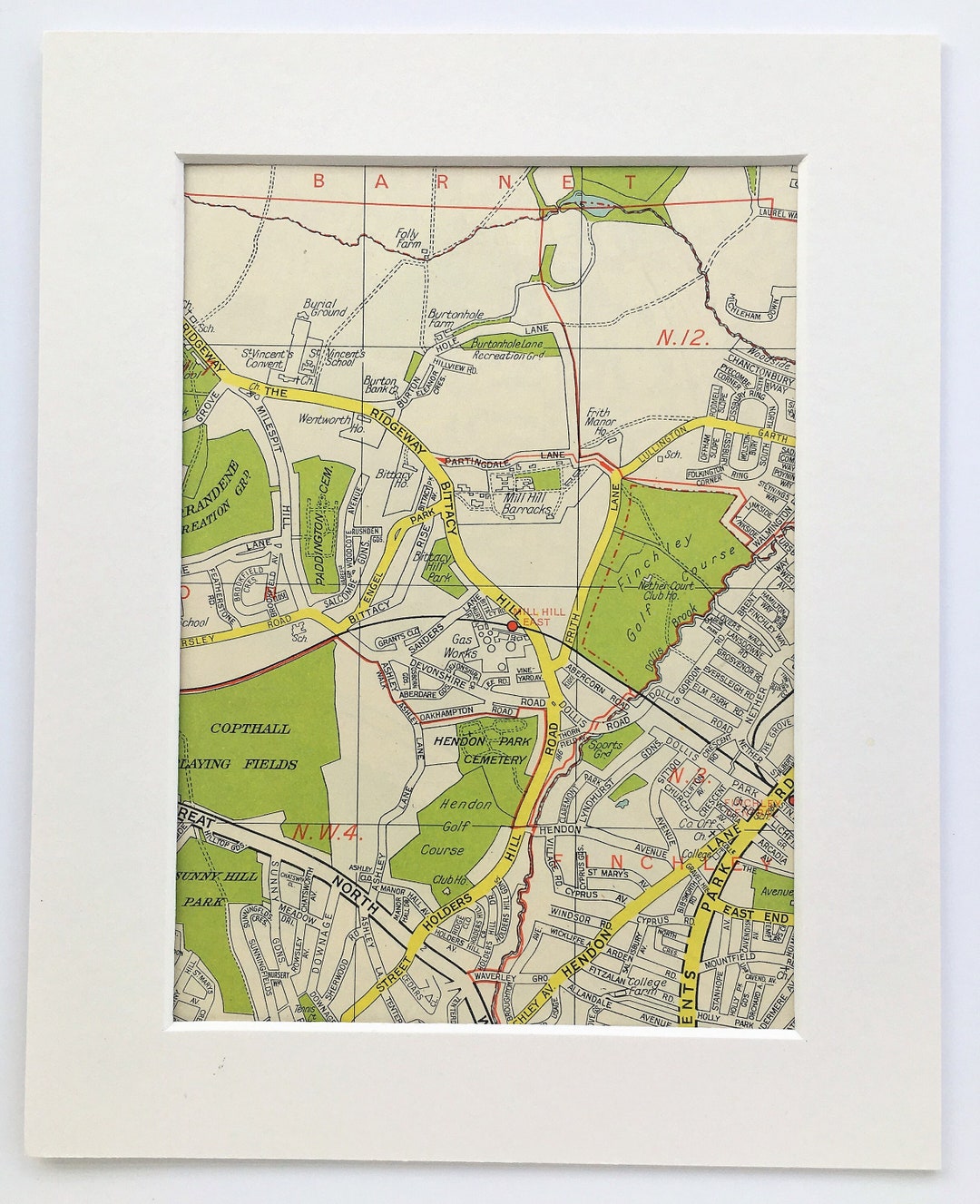 C. 1960 VINTAGE LONDON MAP, North London, Mill Hill East, Finchley ...