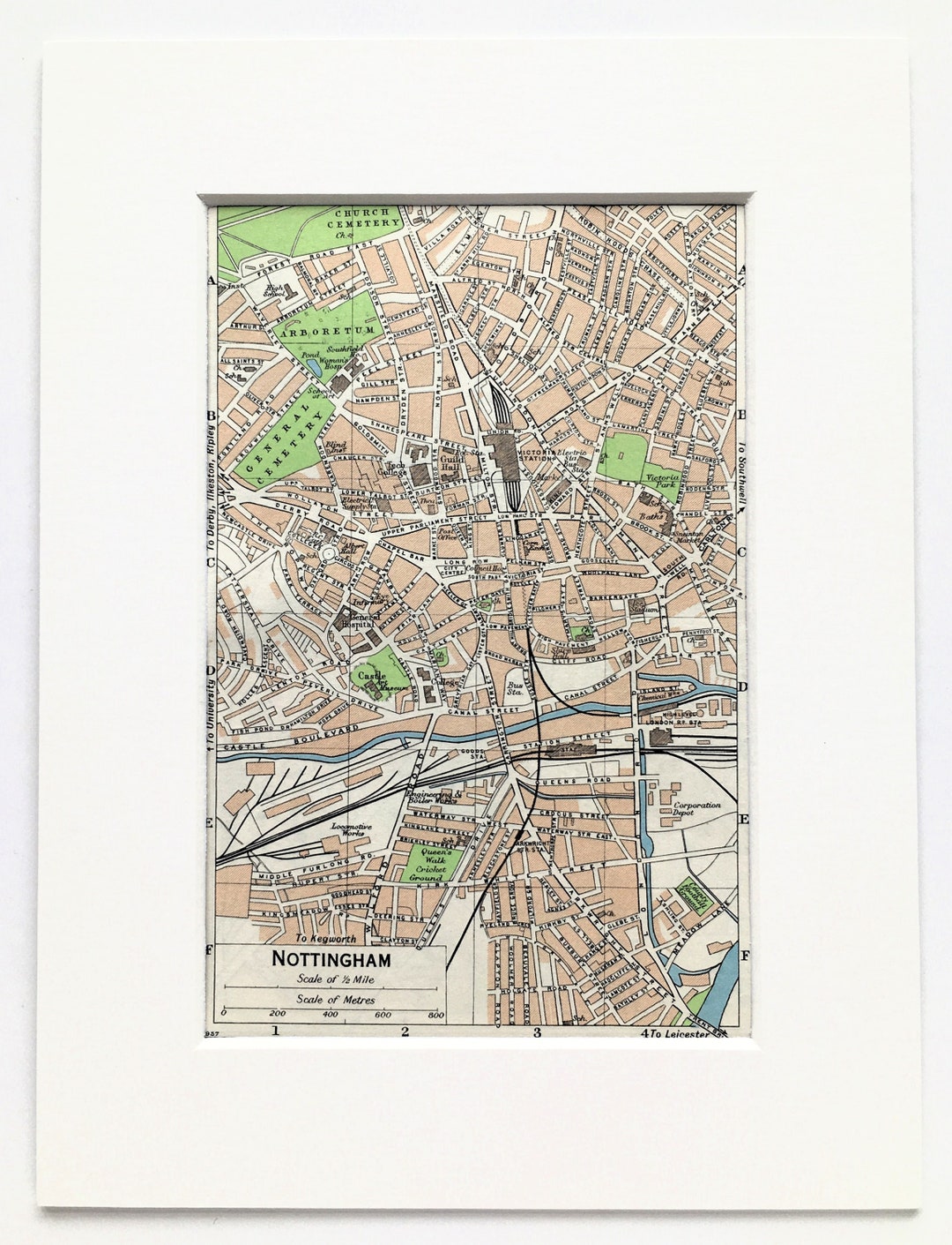 NOTTINGHAM TOWN/ CITY Plan C. 1950 Vintage Map, Matted/ Mounted for ...