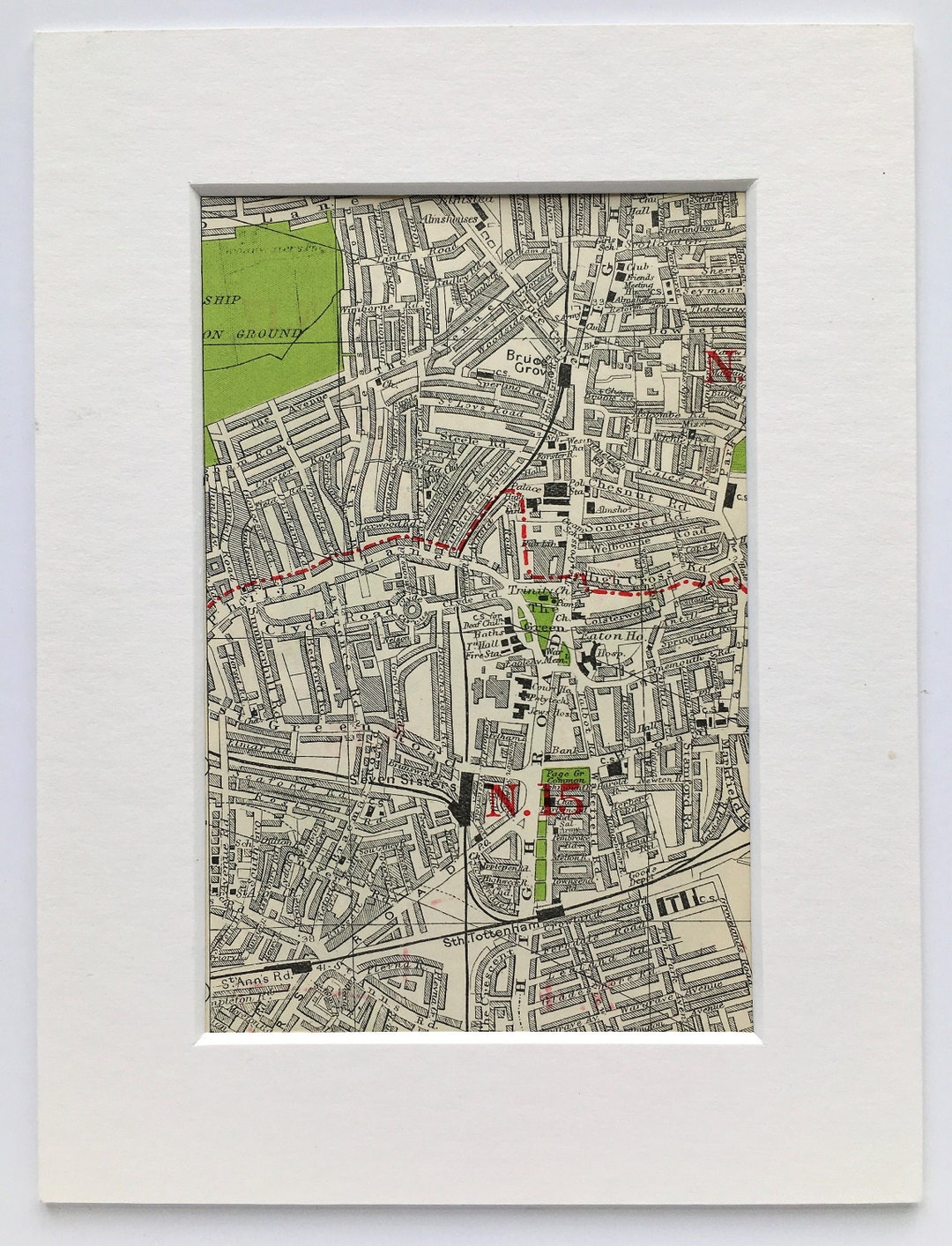1930s VINTAGE LONDON MAP, North London, Tottenham, Bacon, Matted ...