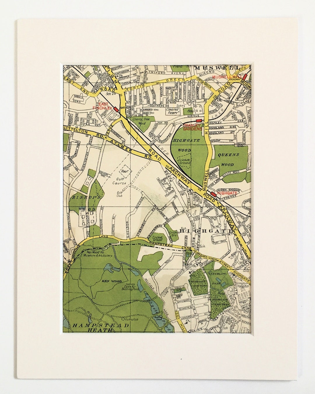 1940s VINTAGE LONDON MAP, North West London, Hampstead Heath, Highgate ...