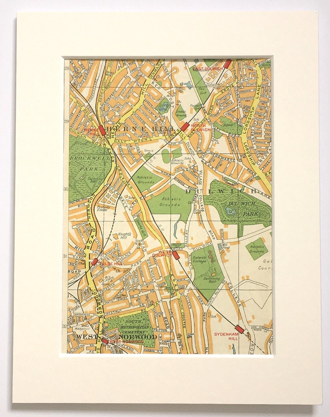 1930s VINTAGE LONDON MAP, South East London, Herne Hill, Dulwich, West ...