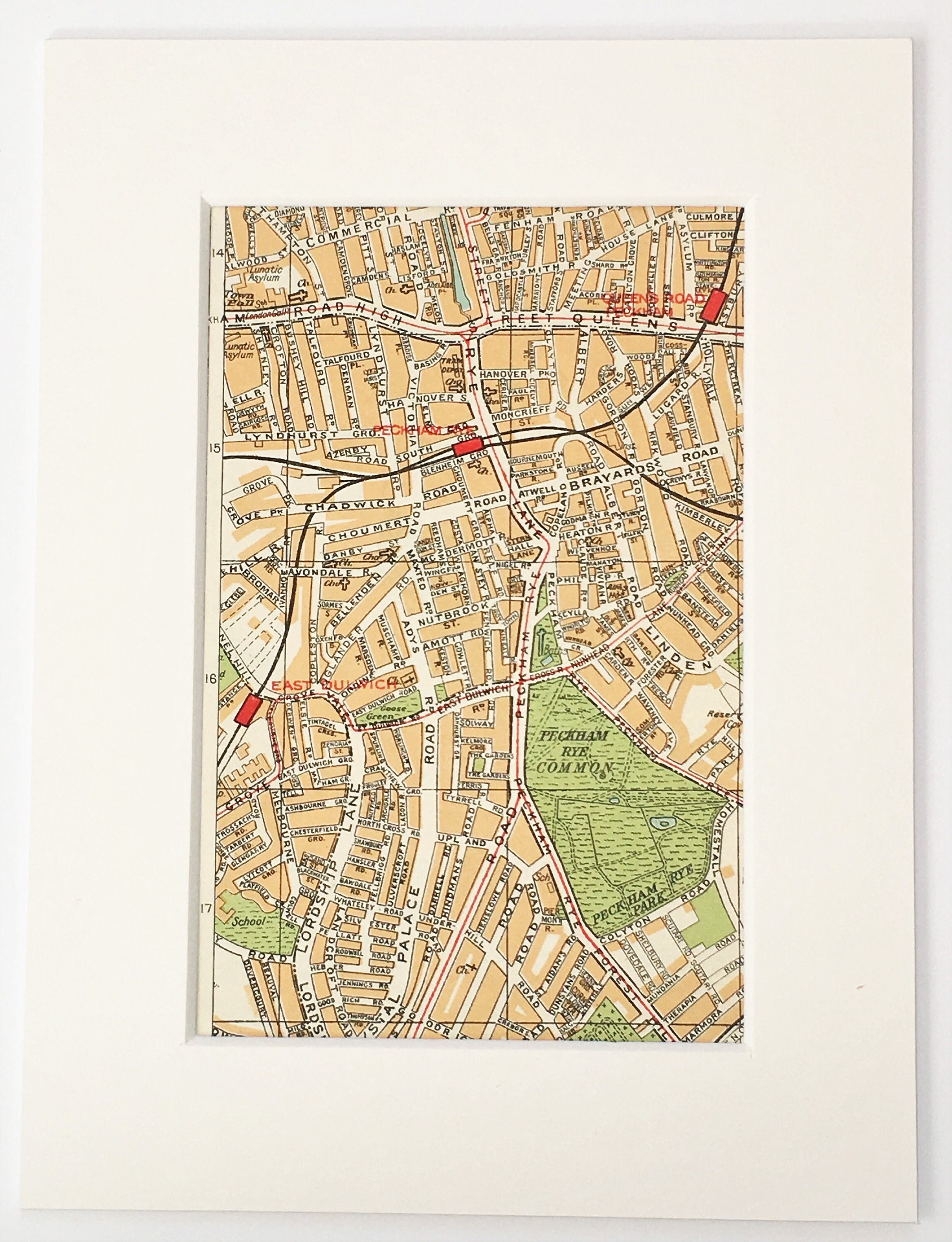 1930s VINTAGE LONDON MAP, South East London, East Dulwich, Peckham Rye ...