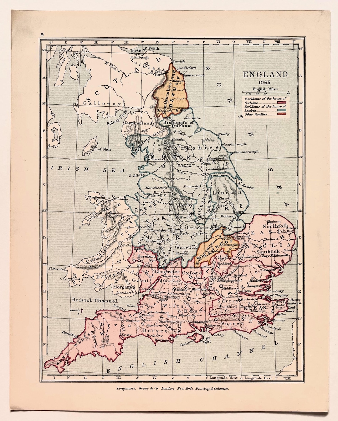 ENGLAND in 1065 Before Norman Conquest C. 1900 Small Antique Colour Map ...