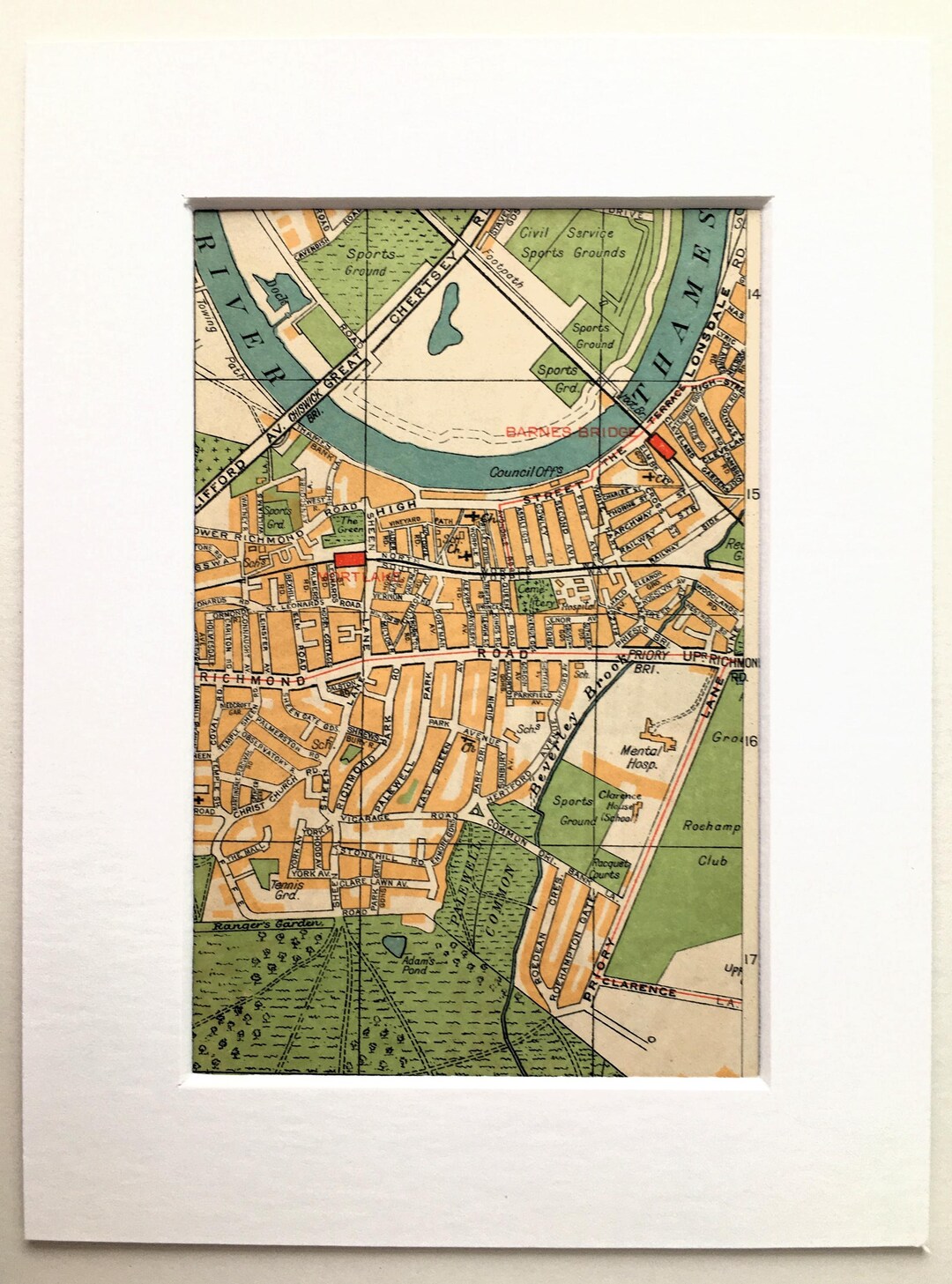 1930s VINTAGE LONDON MAP, South West London, Barnes, Mortlake ...