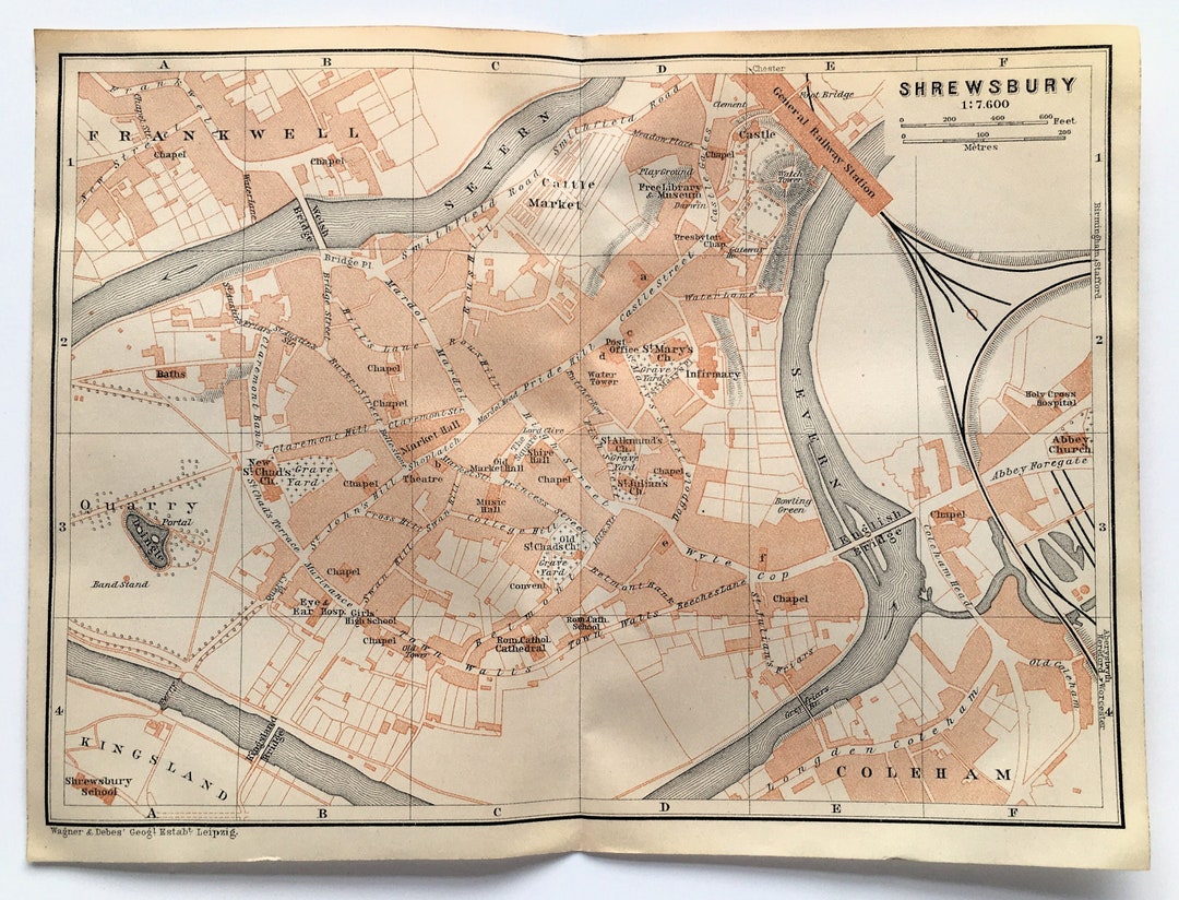 SHREWSBURY City Plan, 1910 Small Antique Colour Map - Etsy