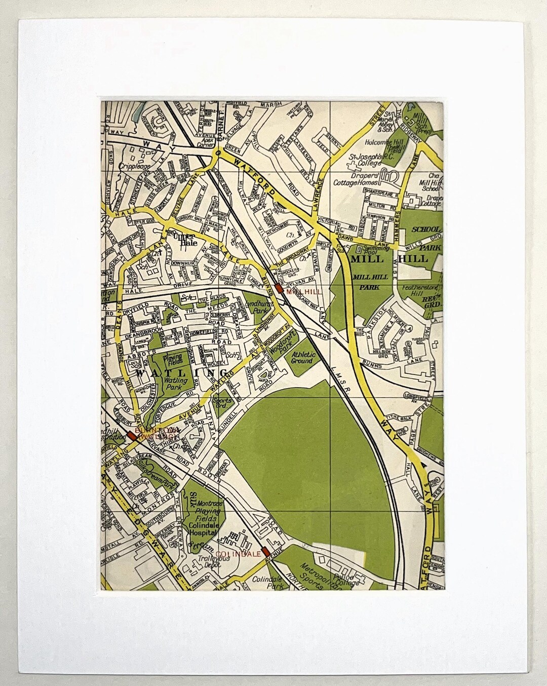 1940s VINTAGE LONDON MAP, North West London, Mill Hill, Colindale ...