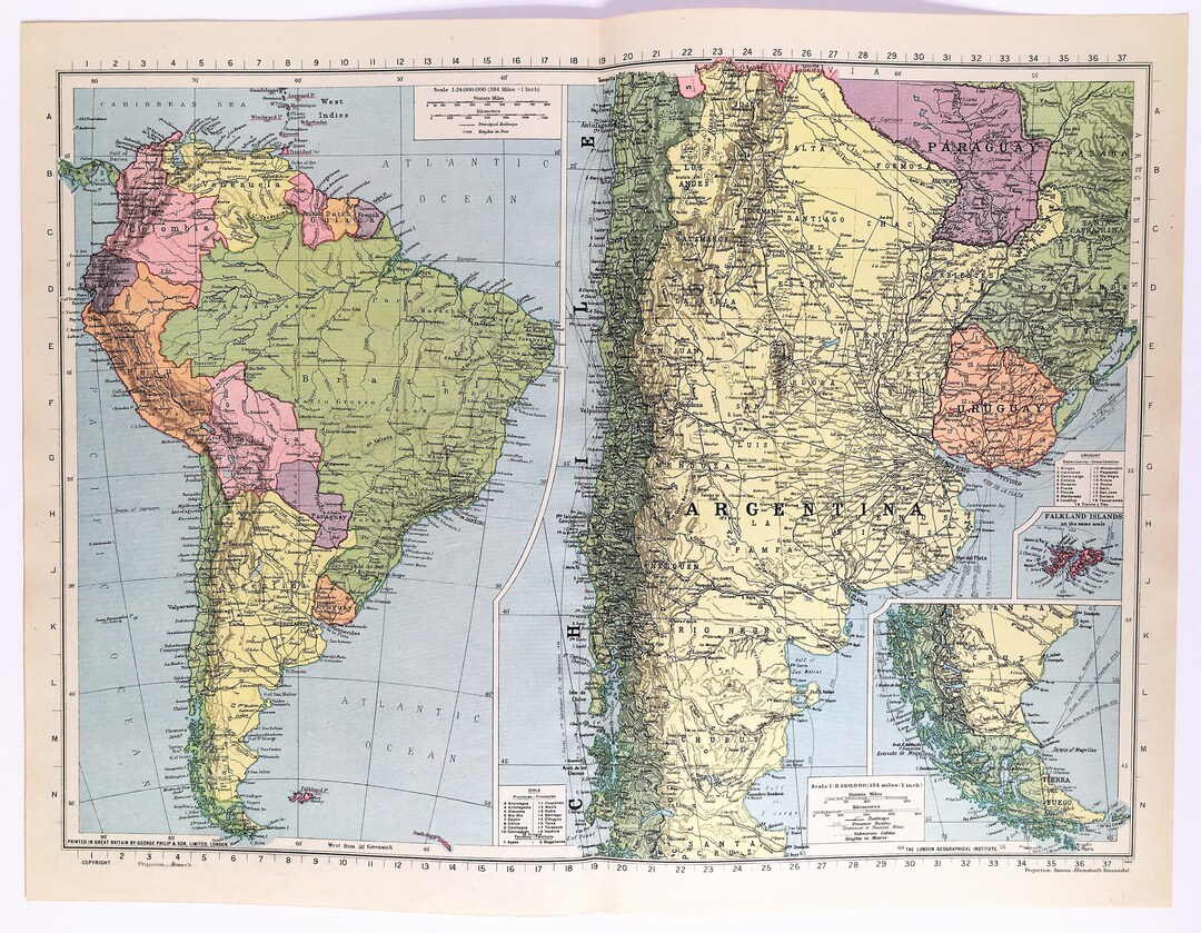 SOUTH AMERICA 1945 Vintage Wartime Map by Philips. Lovely Colours - Etsy