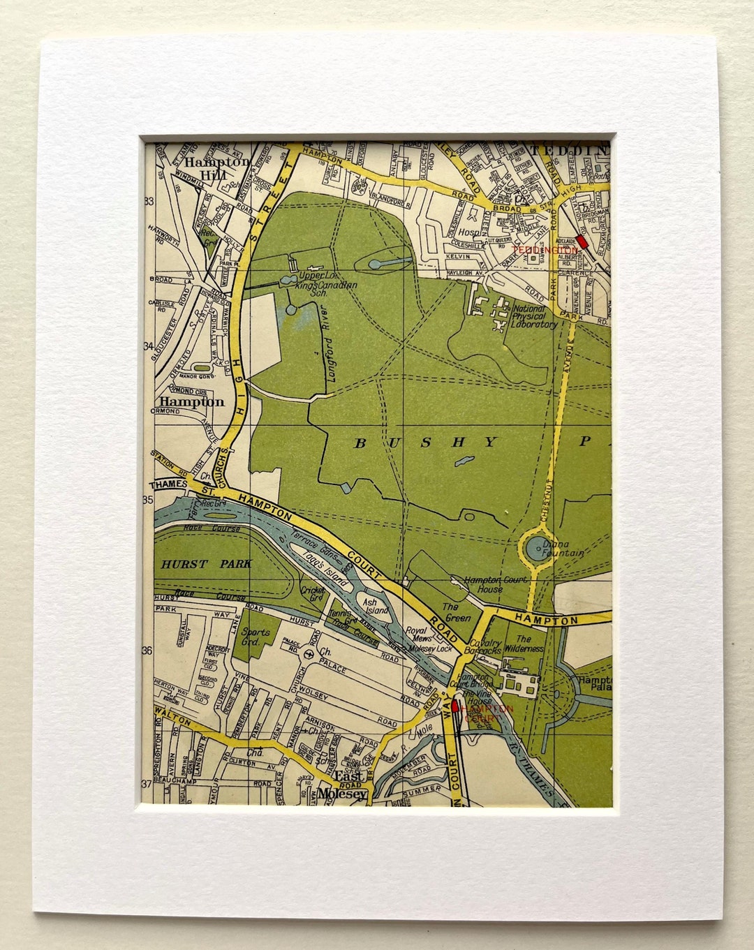 1940s VINTAGE LONDON MAP, South West London, Teddington, Bushy Park ...