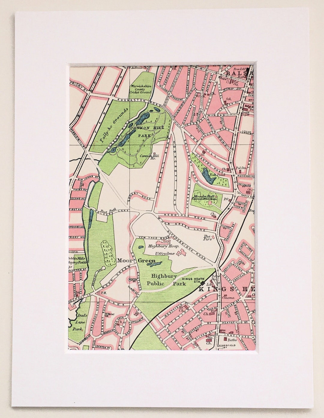 1952 VINTAGE BIRMINGHAM MAP, Birmingham, Balsall Heath, Kings Heath, Moor Green Matted/ Mounted ...