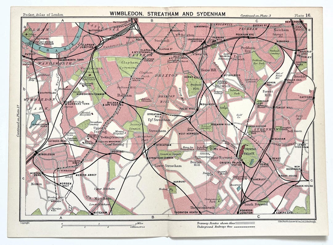 1921 Antique London Map, Wimbledon, Streatham, Sydenham, Small Folding ...