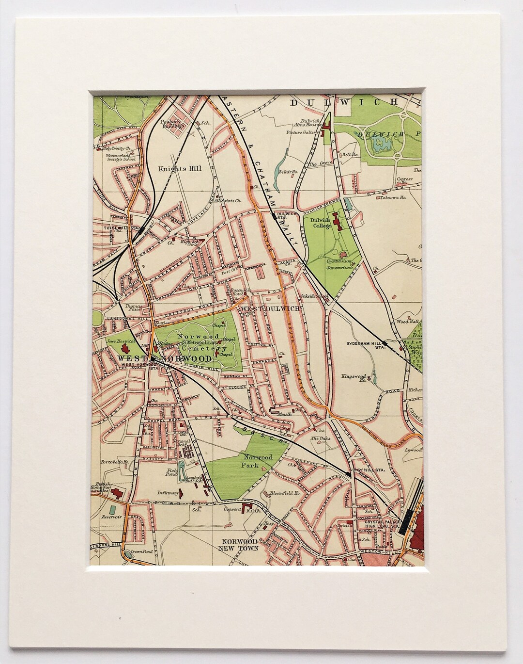 1917 Antique LONDON Map, Dulwich, West Norwood, Crystal Palace, Matted ...