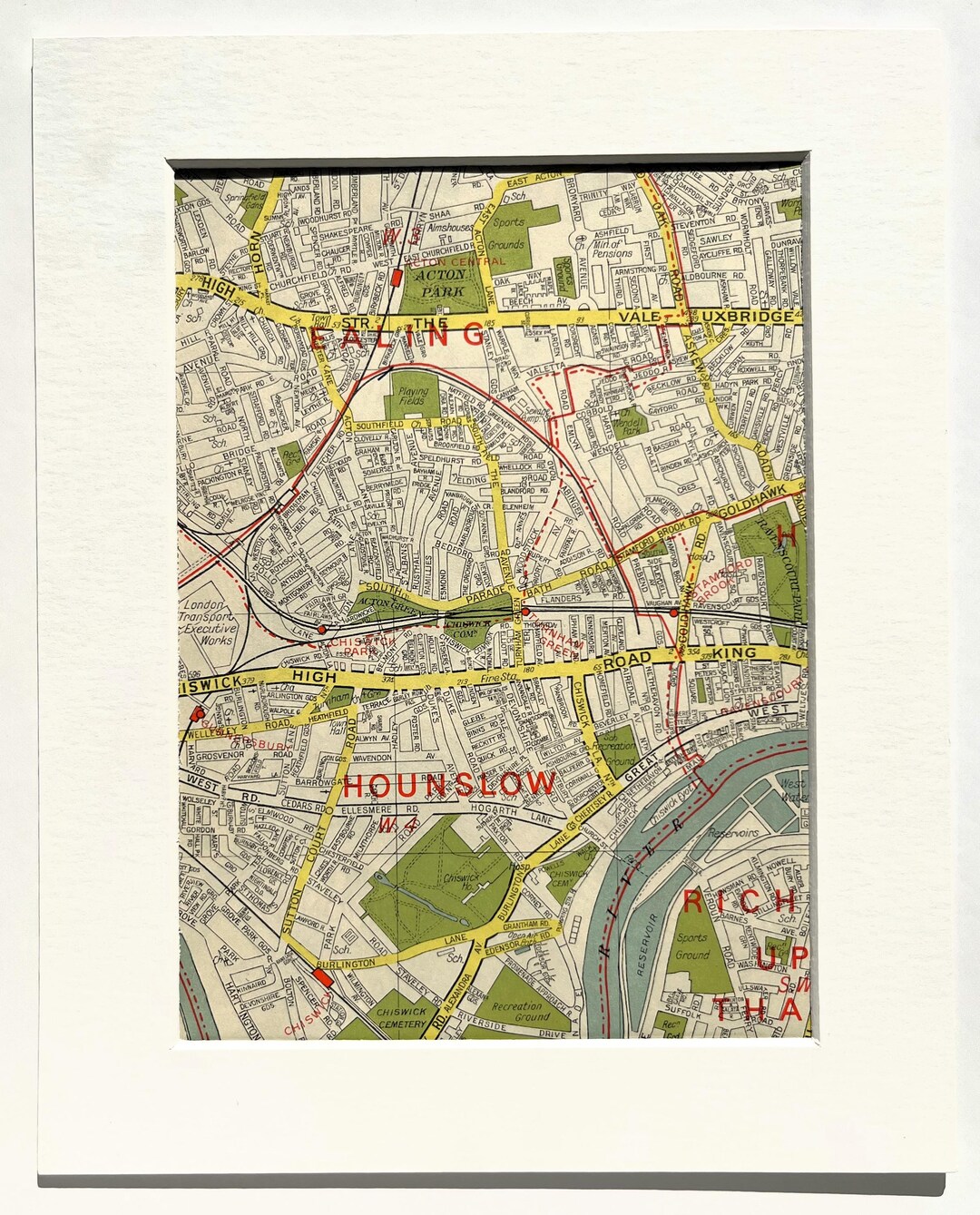 C. 1960 VINTAGE LONDON MAP, West London, Acton, Chiswick, Barnes ...