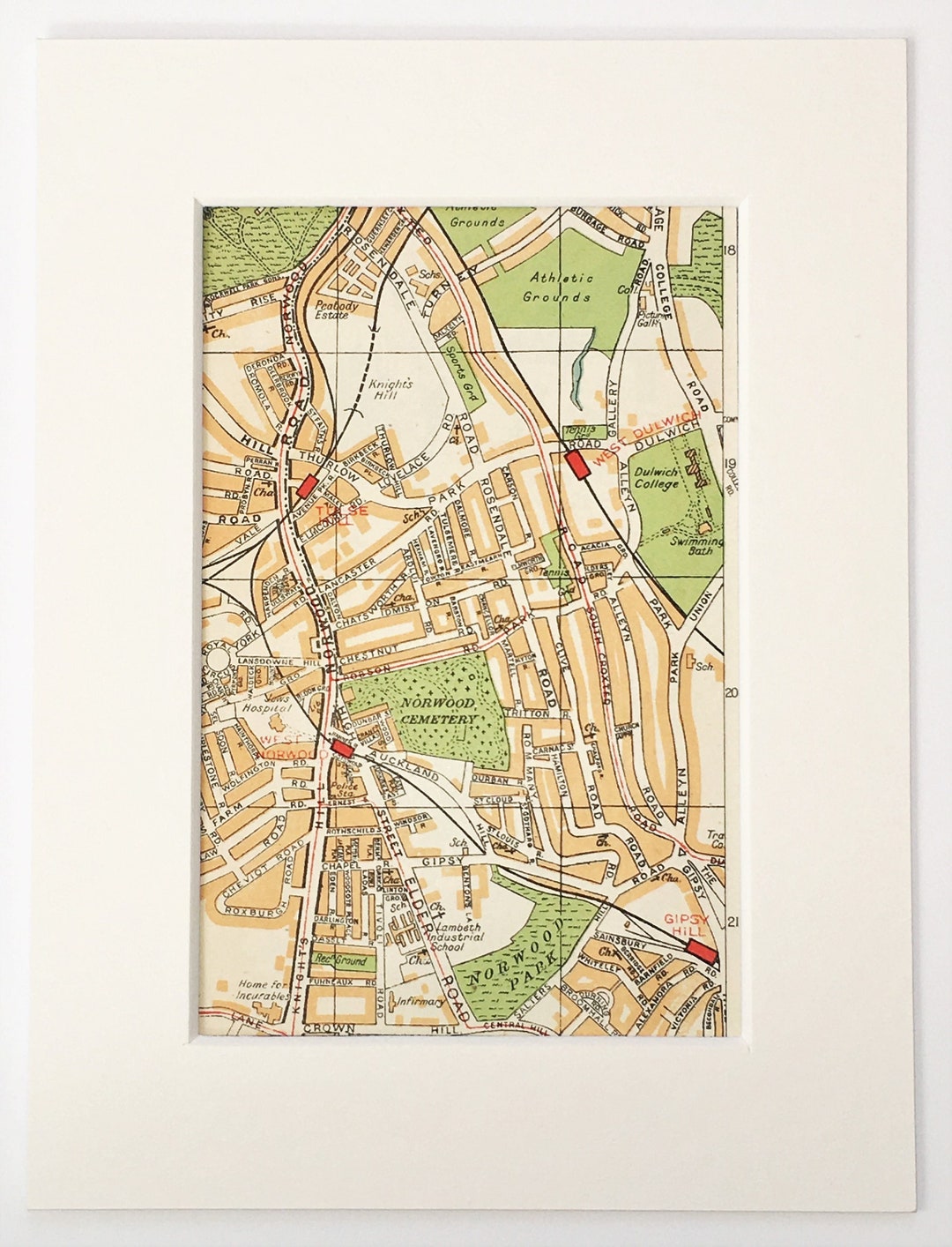 1930s VINTAGE LONDON MAP, South East London, Tulse Hill, West Norwood ...