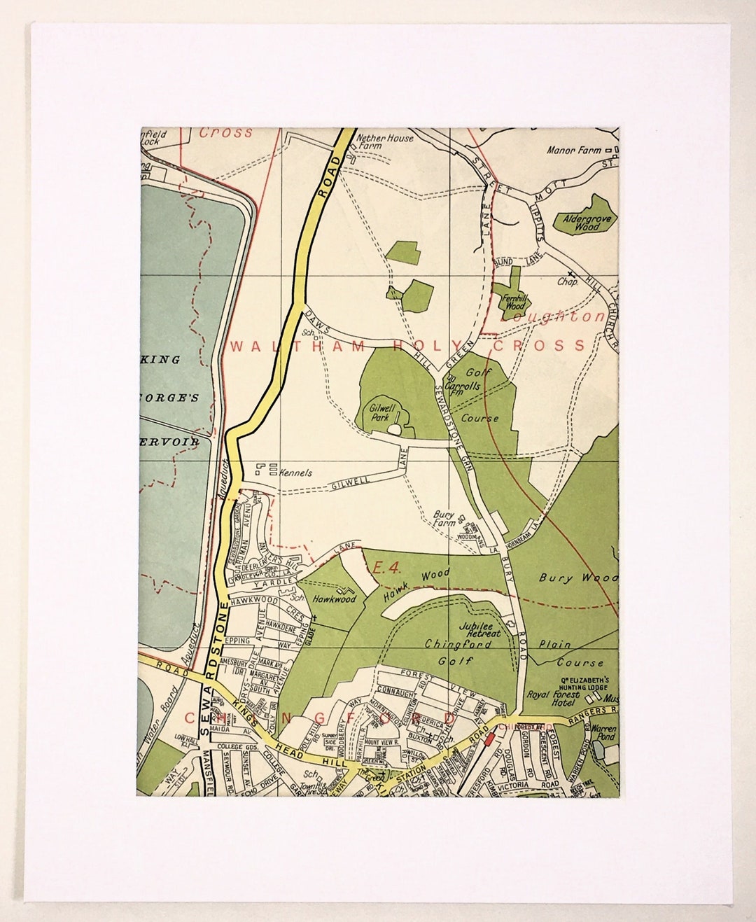 C. 1960 VINTAGE LONDON MAP, North London, Chingford, Matted/ Mounted ...