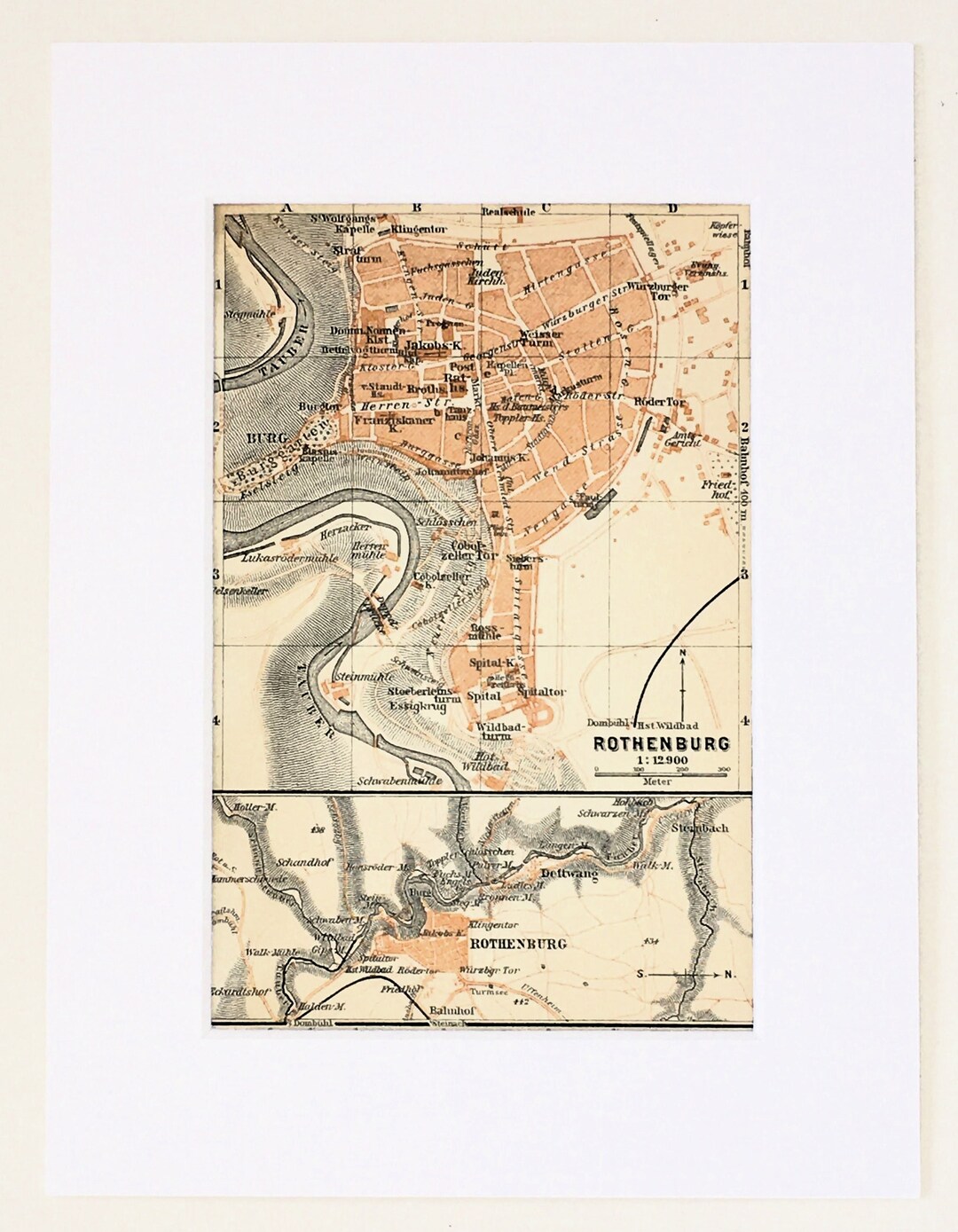 ROTHENBURG City Plan, GERMANY 1913 Very Small Antique Mounted Colour ...