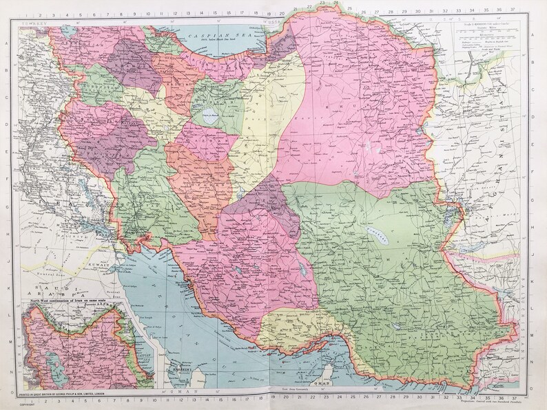 1945 Vintage Wartime Map : Middle East, Iran, Persia, Philips. Lovely ...