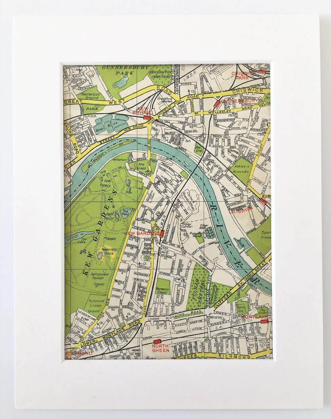 1940s VINTAGE LONDON MAP, South West London, Kew Gardens, Chiswick ...