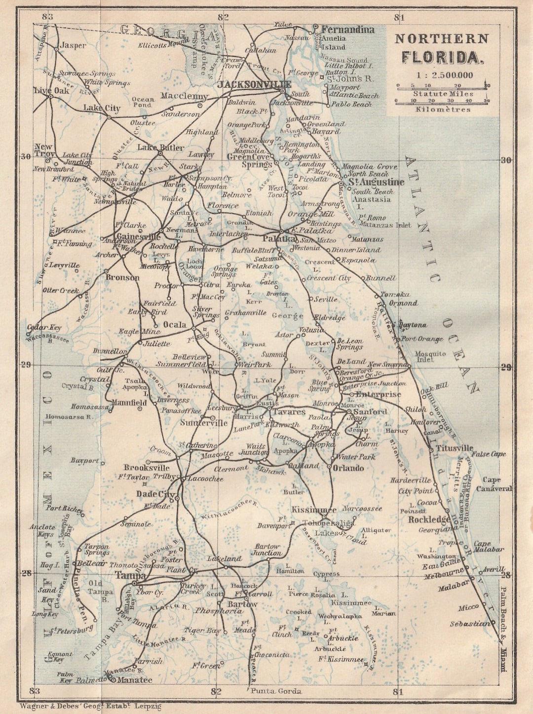 NORTHERN FLORIDA, 1909 Small Antique Colour Map, United States - Etsy