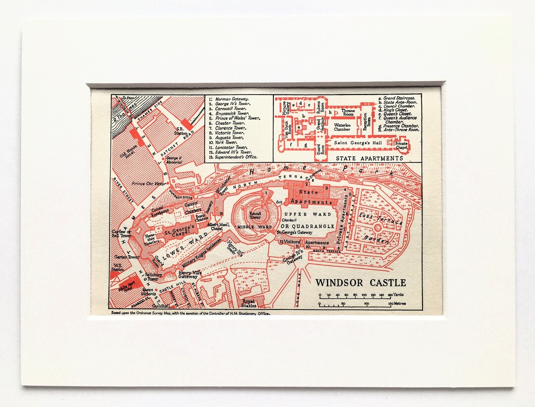 WINDSOR CASTLE Floor Plan C. 1950 Vintage Map, Matted/ Mounted for ...