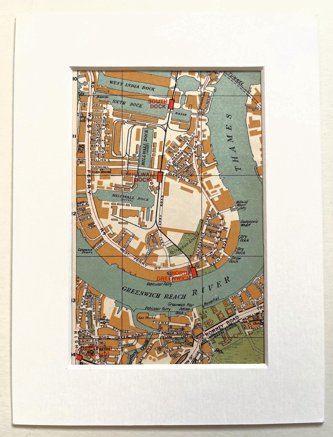 1930s VINTAGE LONDON MAP, South East London, Greenwich, Isle of Dogs ...