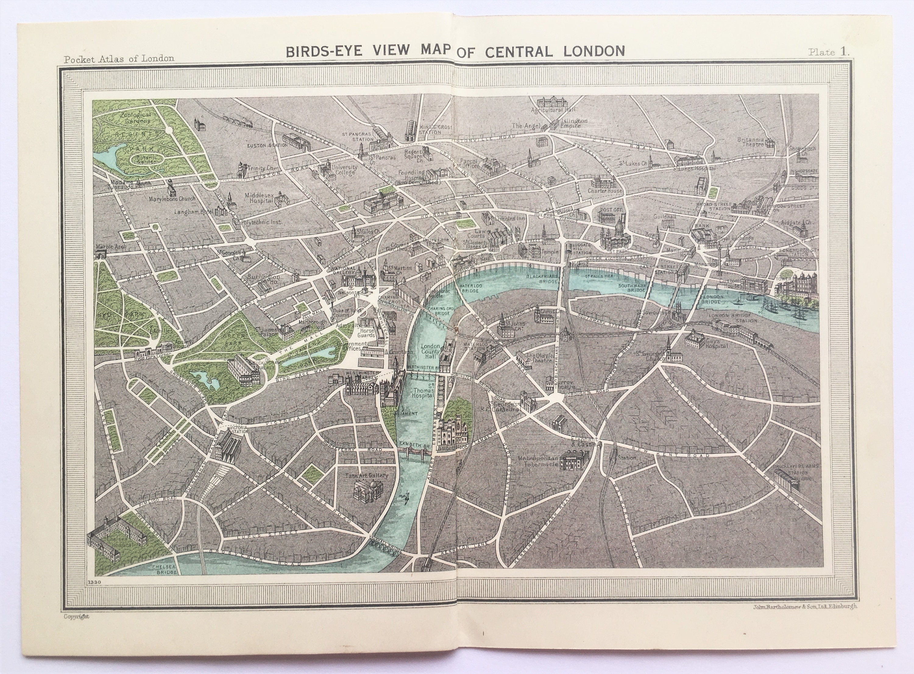 1929 Antique London Map Bird's Eye View of Central - Etsy