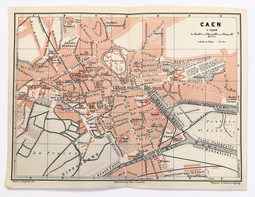 CAEN Town City Plan, FRANCE 1910 Small Antique Colour Map - Etsy