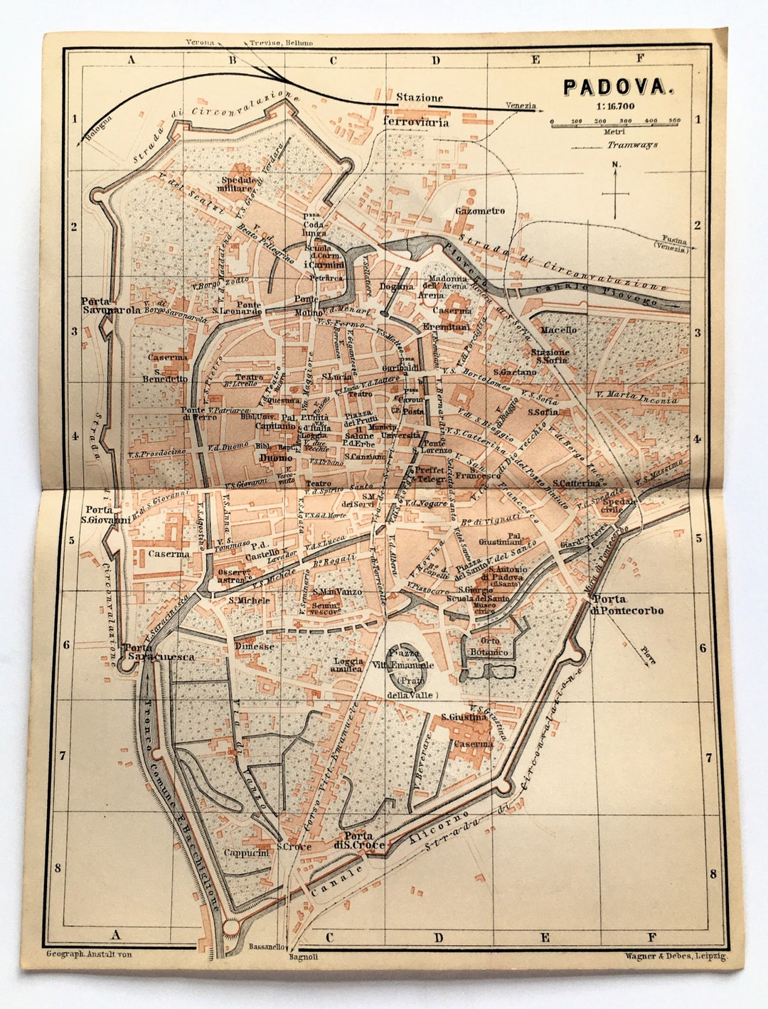 PADOVA (PADUA) City Street Plan, Italy, 1926 Small Antique Colour Map ...