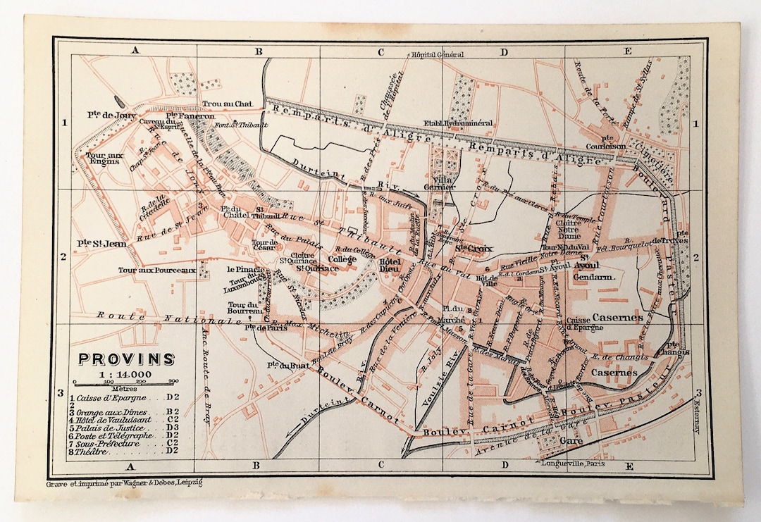Plan de la ville de PROVINS, FRANCE 1910 Très petite carte couleur ...