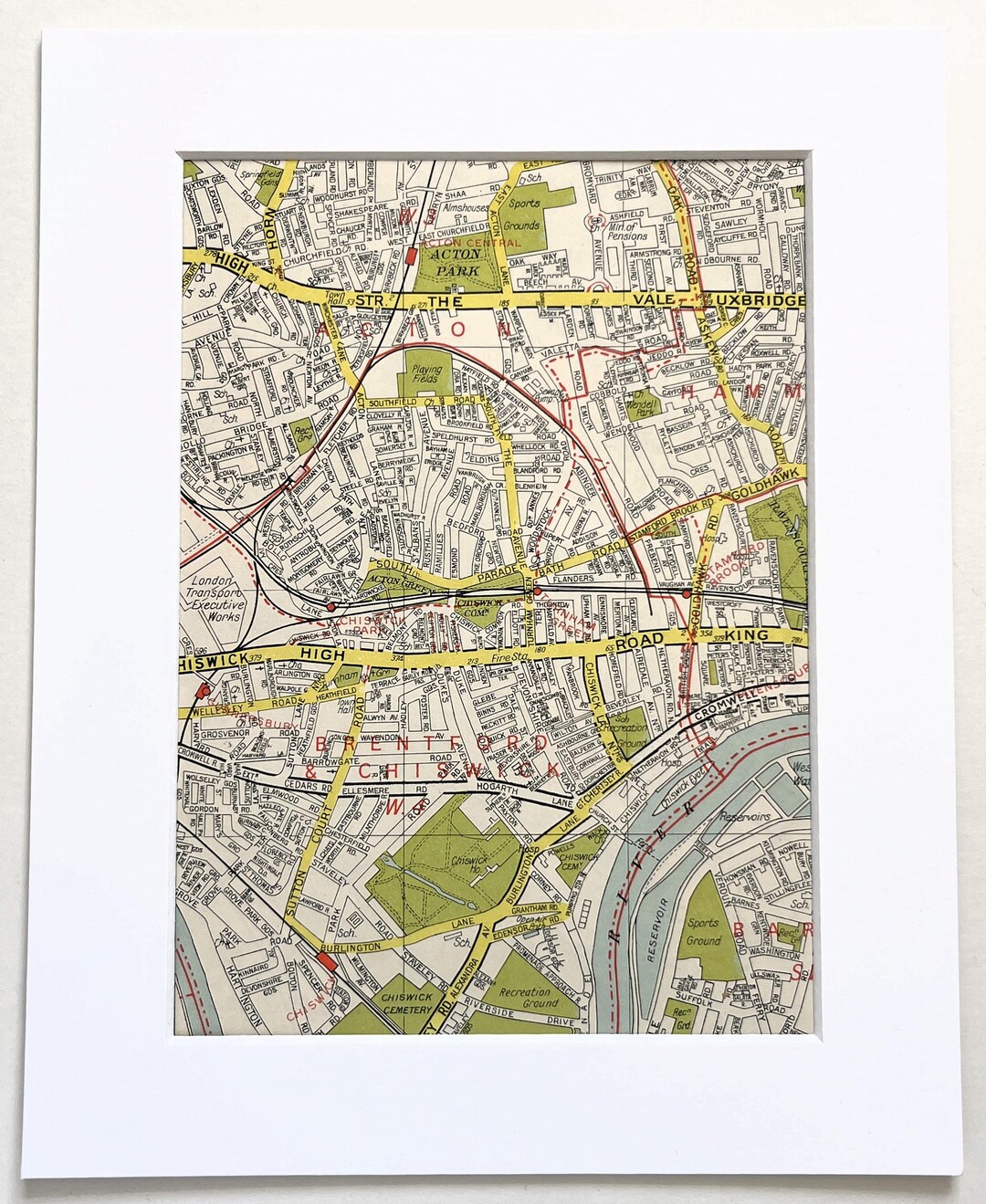C. 1960 VINTAGE LONDON MAP, West London, Acton, Chiswick, Barnes ...