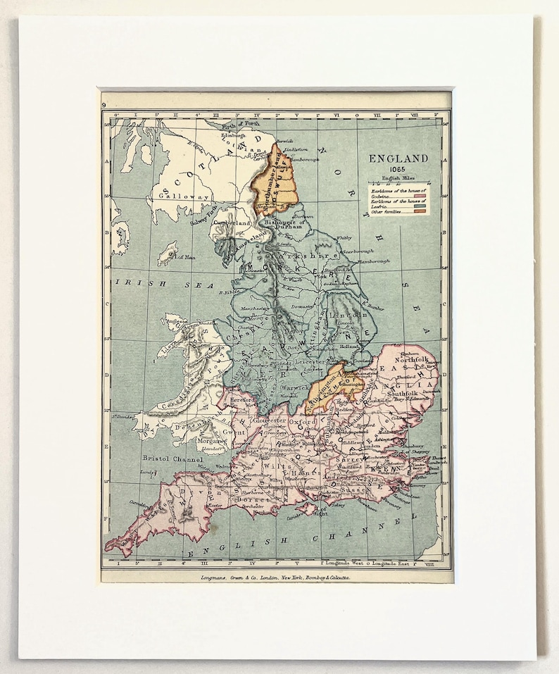 ENGLAND in 1065 Before Norman Conquest C. 1900 Small Antique Colour Map ...