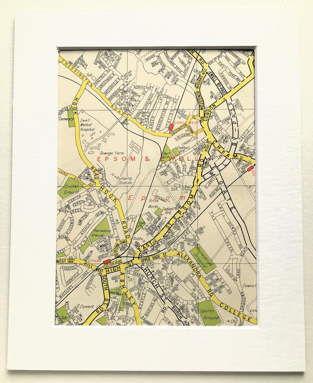 Epsom, Ewell C. 1960 VINTAGE LONDON MAP, South West London, Matted ...