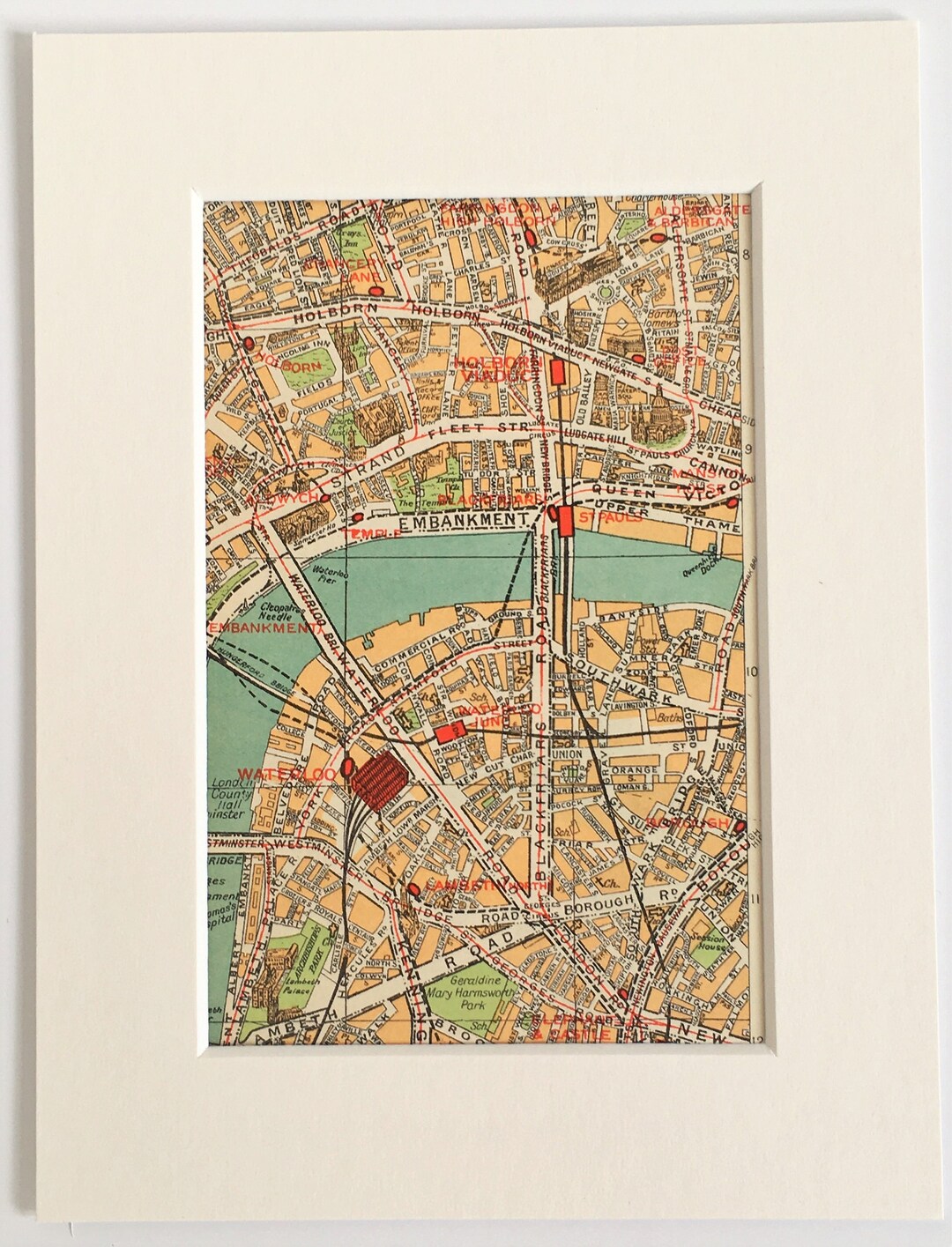 1930s VINTAGE LONDON MAP, Central London, Waterloo, Lambeth, Southwark ...