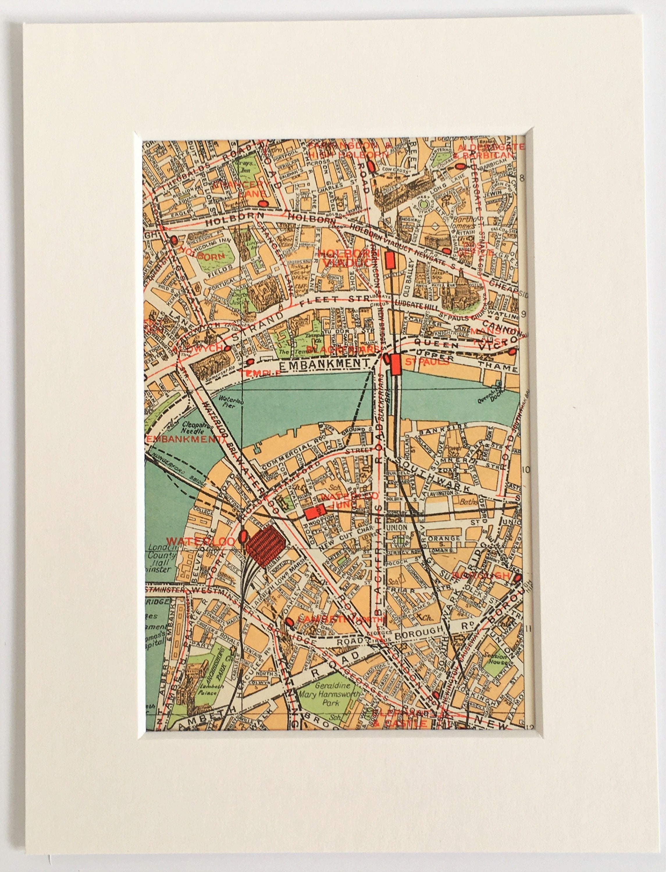1930s VINTAGE LONDON MAP, Central London, Waterloo, Lambeth, Southwark ...