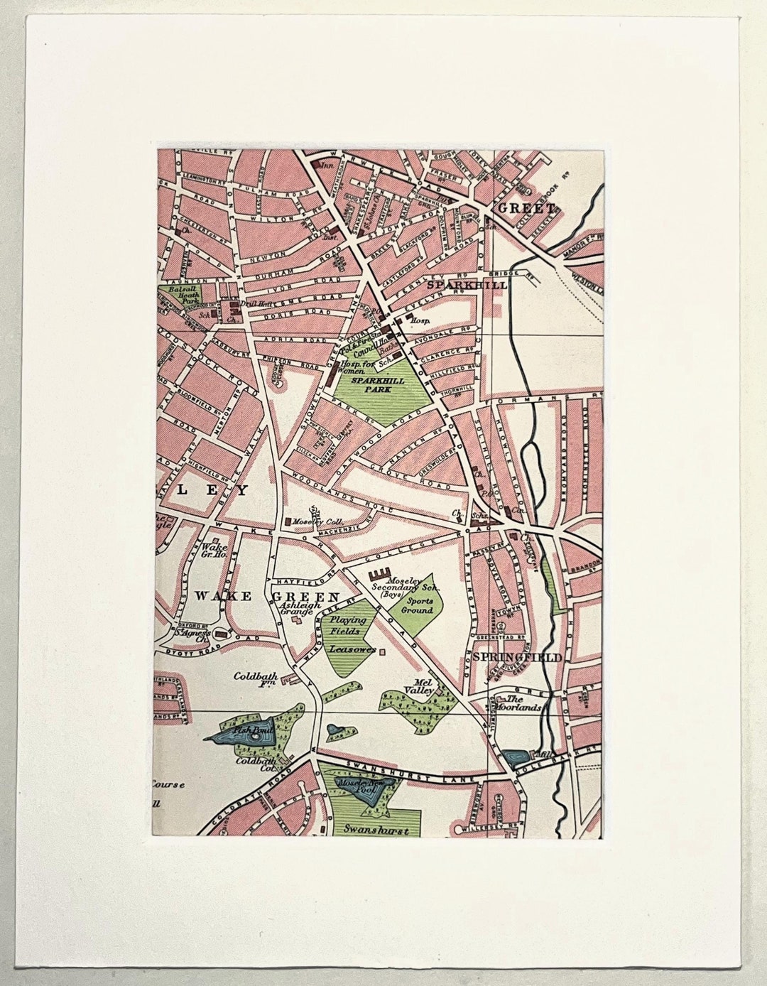1949 VINTAGE BIRMINGHAM MAP, Birmingham, Moseley, Balsall Heath, Wake ...
