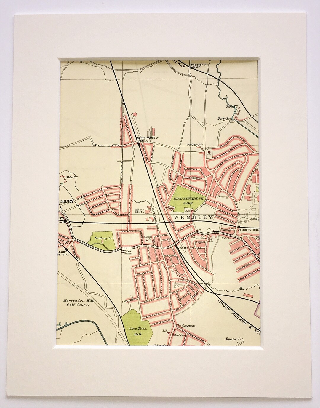 1925 Antique LONDON Map, Wembley, Sudbury, Matted/ Mounted for Framing ...