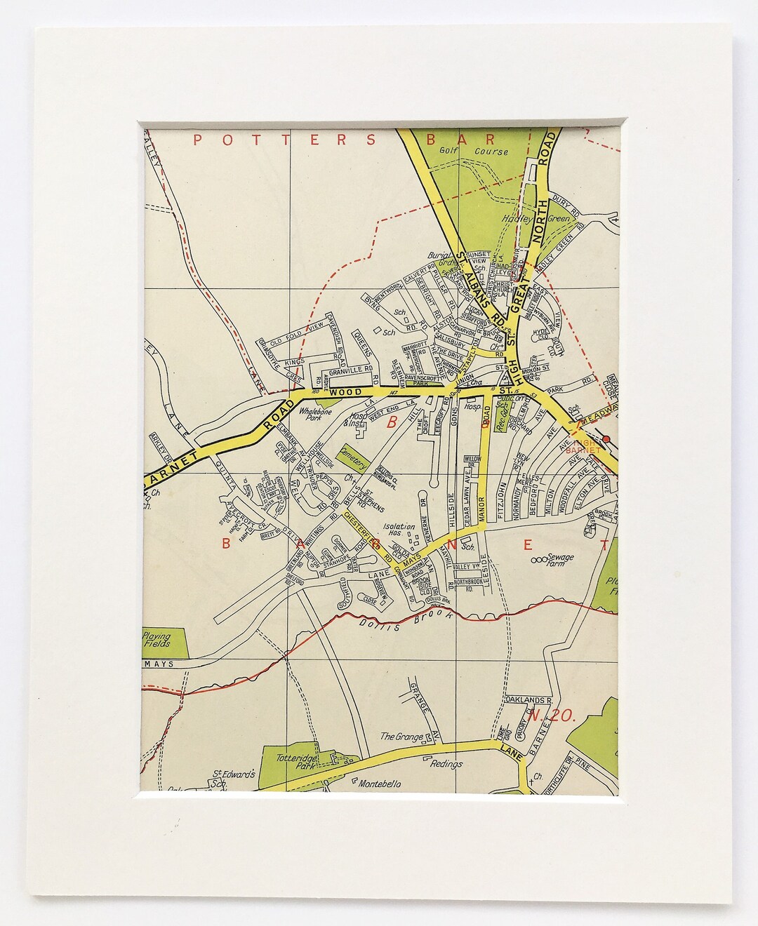 C. 1960 VINTAGE LONDON MAP, North London, Barnet, Matted/ Mounted for ...